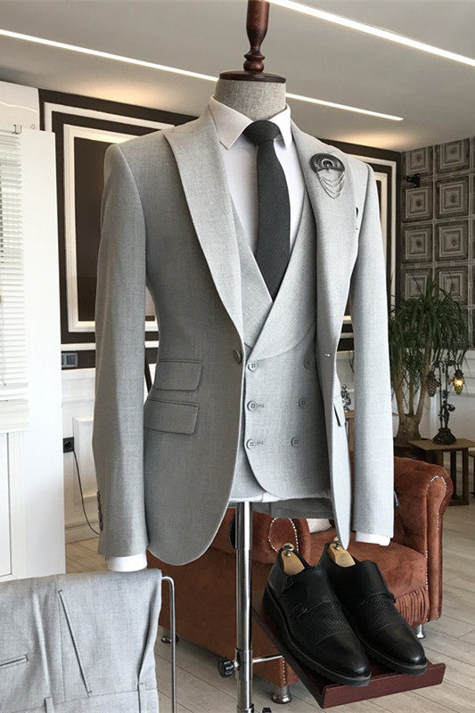 Emmanuel Light Gray Paked Lapel Three Pieces Bespoke Business Suits