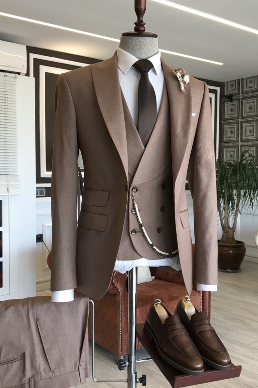 Ferdinand Light Brown Peaked Lapel Close Fitting Three Pieces Business ...