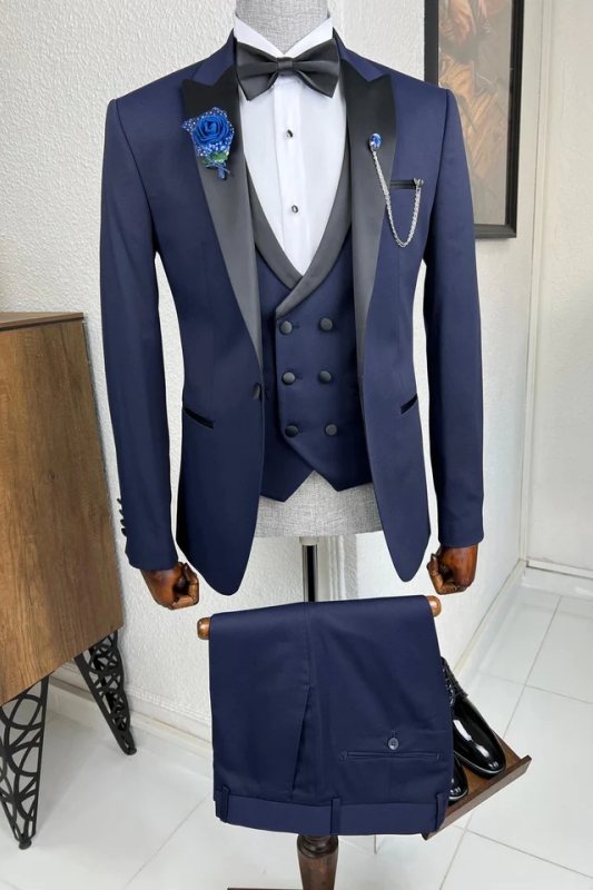 Ronald New Arrival Navy Blue Peaked Lapel Three Pieces Prom Suits For Men