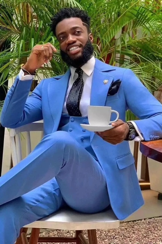 Antonio Ocean Blue Notched Lapel Three Pieces Men Suits