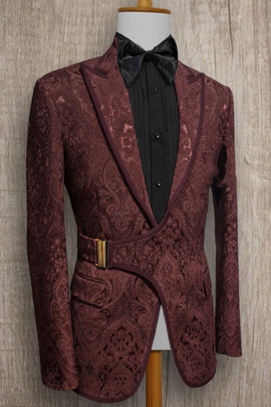 Hayden Fashion Burgundy Jacquard Peaked Lapel Slim Fit Wedding Men Suits